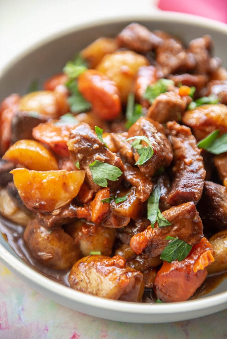 Dutch Oven Beef Stew Garnished Plate